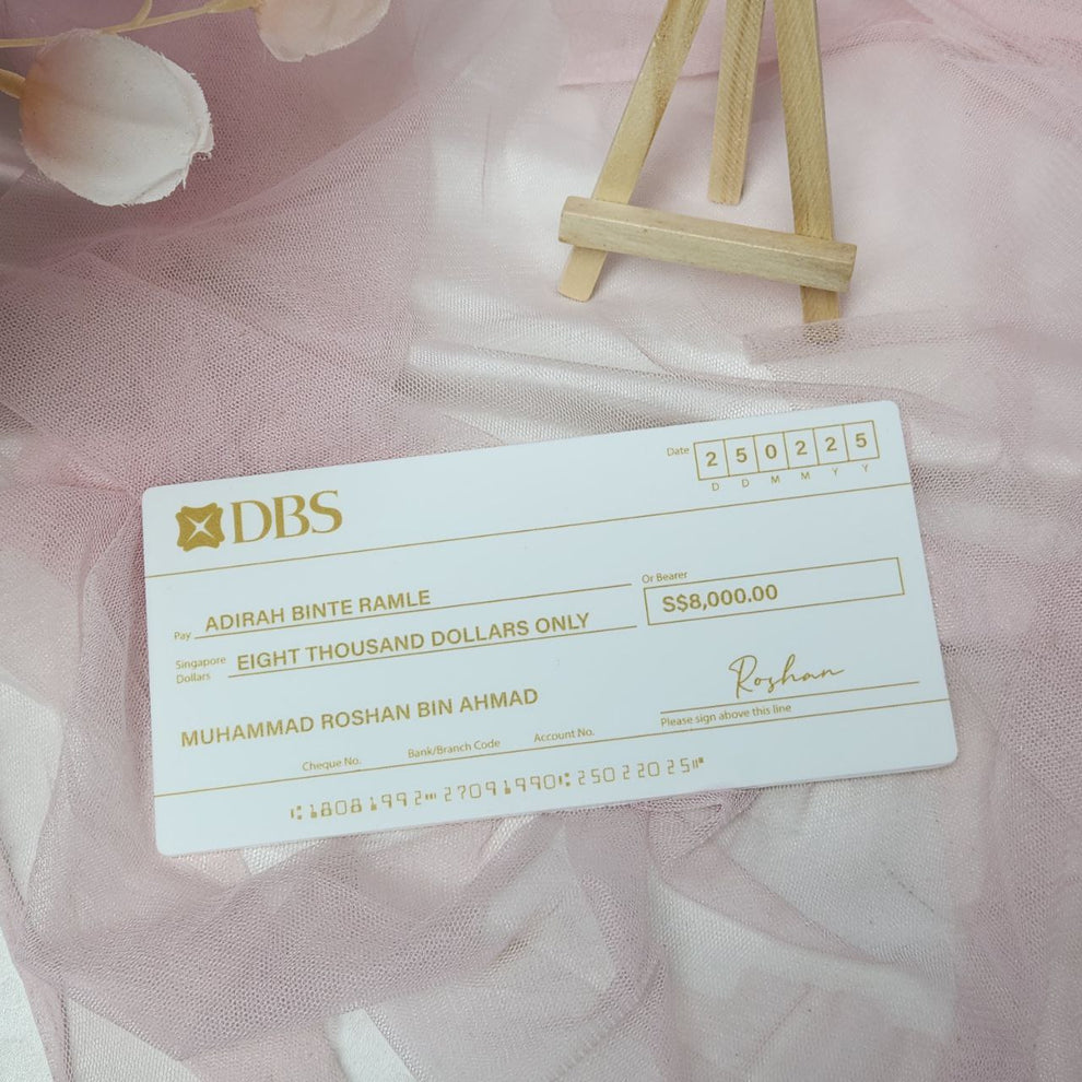 Mock Cheque Hantaran - Matte White (Gold Printed Text) - Clik Clok